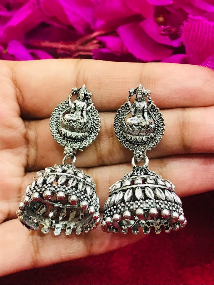 Traditional silver oxidized Lakshmi Design Jhumka Earrings for women Chandler Fashions